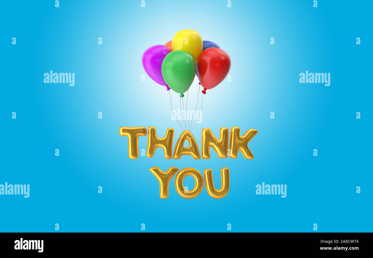 Thank You text made with colorful balloons are hanging and flying in ...