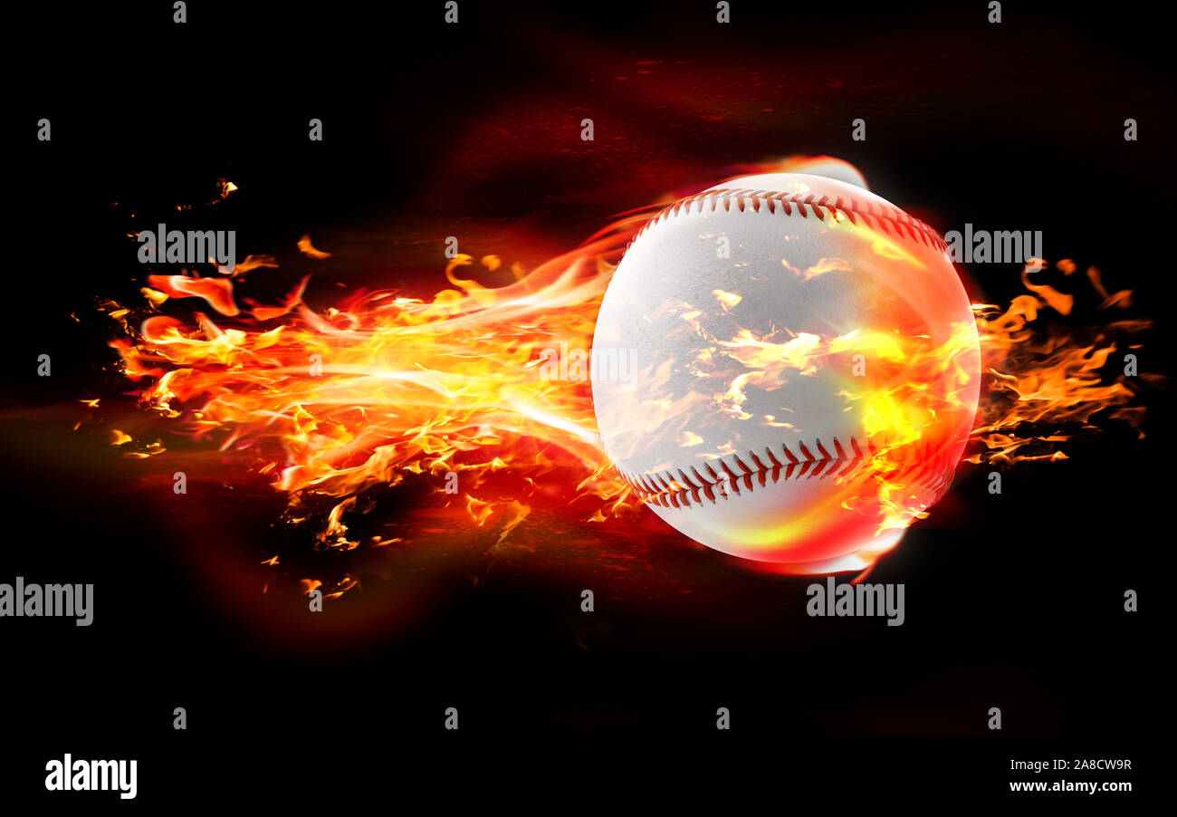 High quality render of 3D baseball ball is burning in flames on black ...