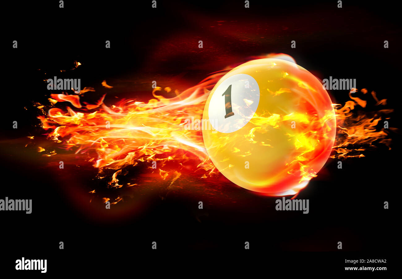 High quality render of 3D billiard ball is burning in flames on black ...