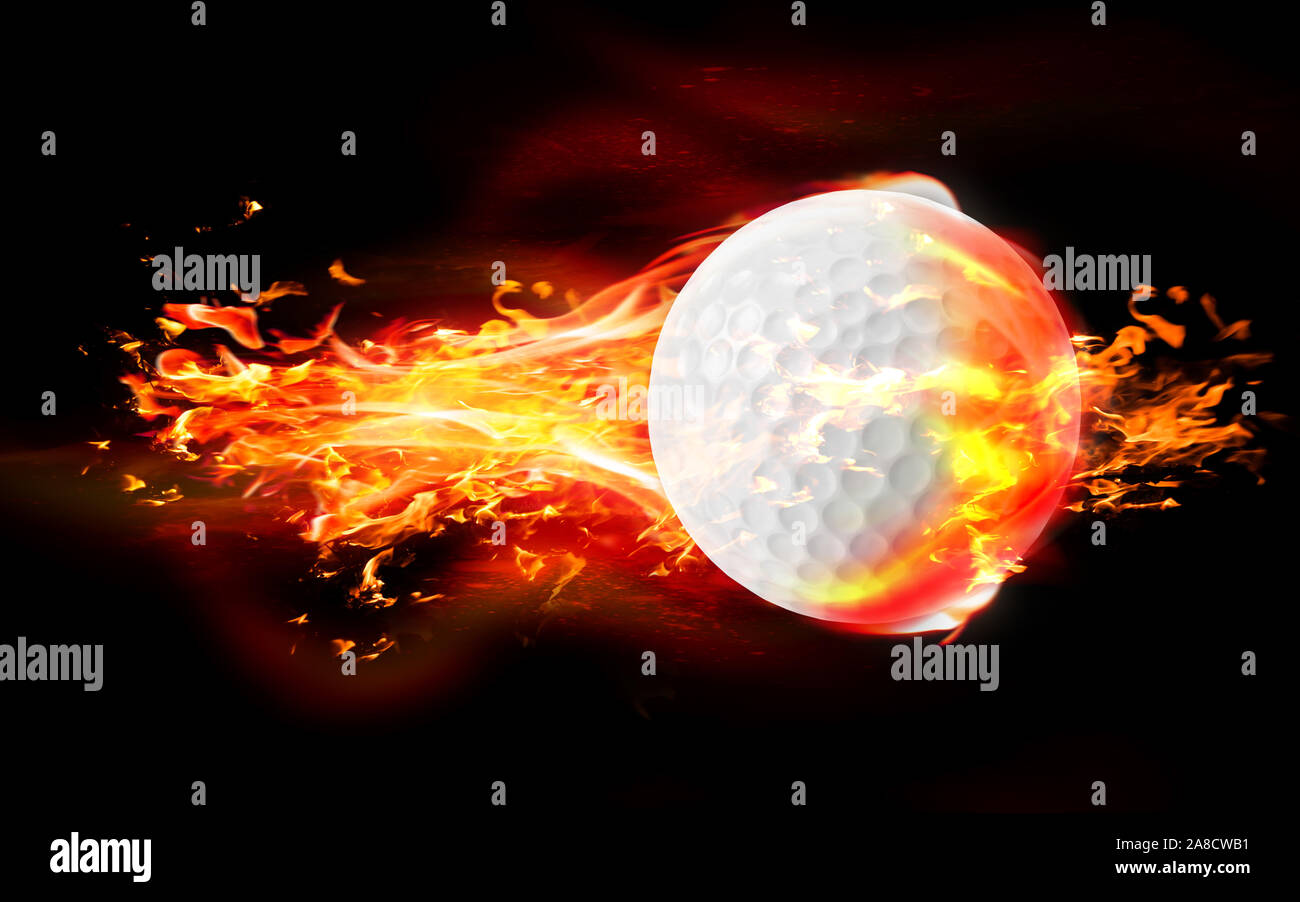 High quality render of 3D golf ball is burning in flames on black ...