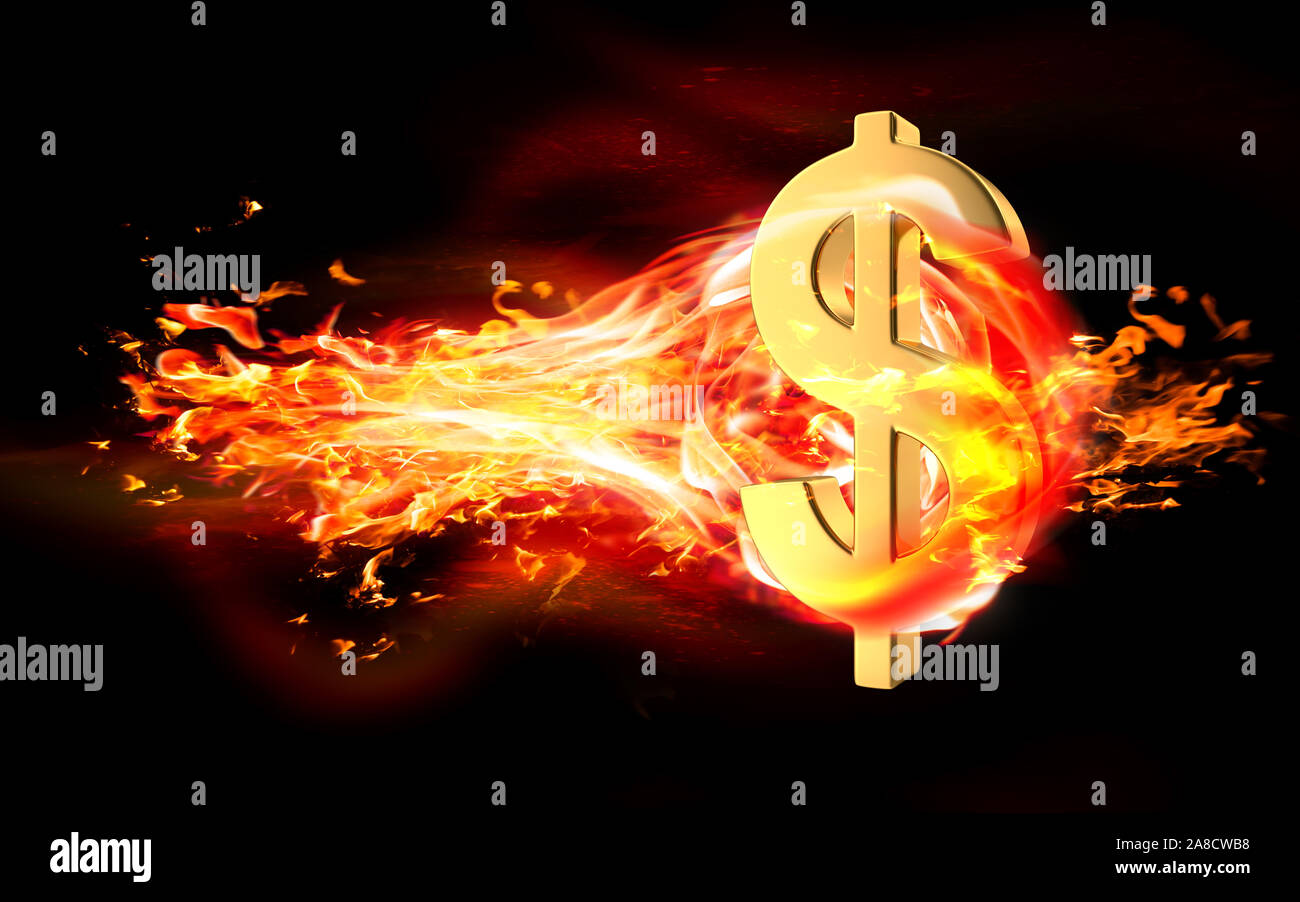 High quality render of 3D dollar sign is burning in flames on black ...