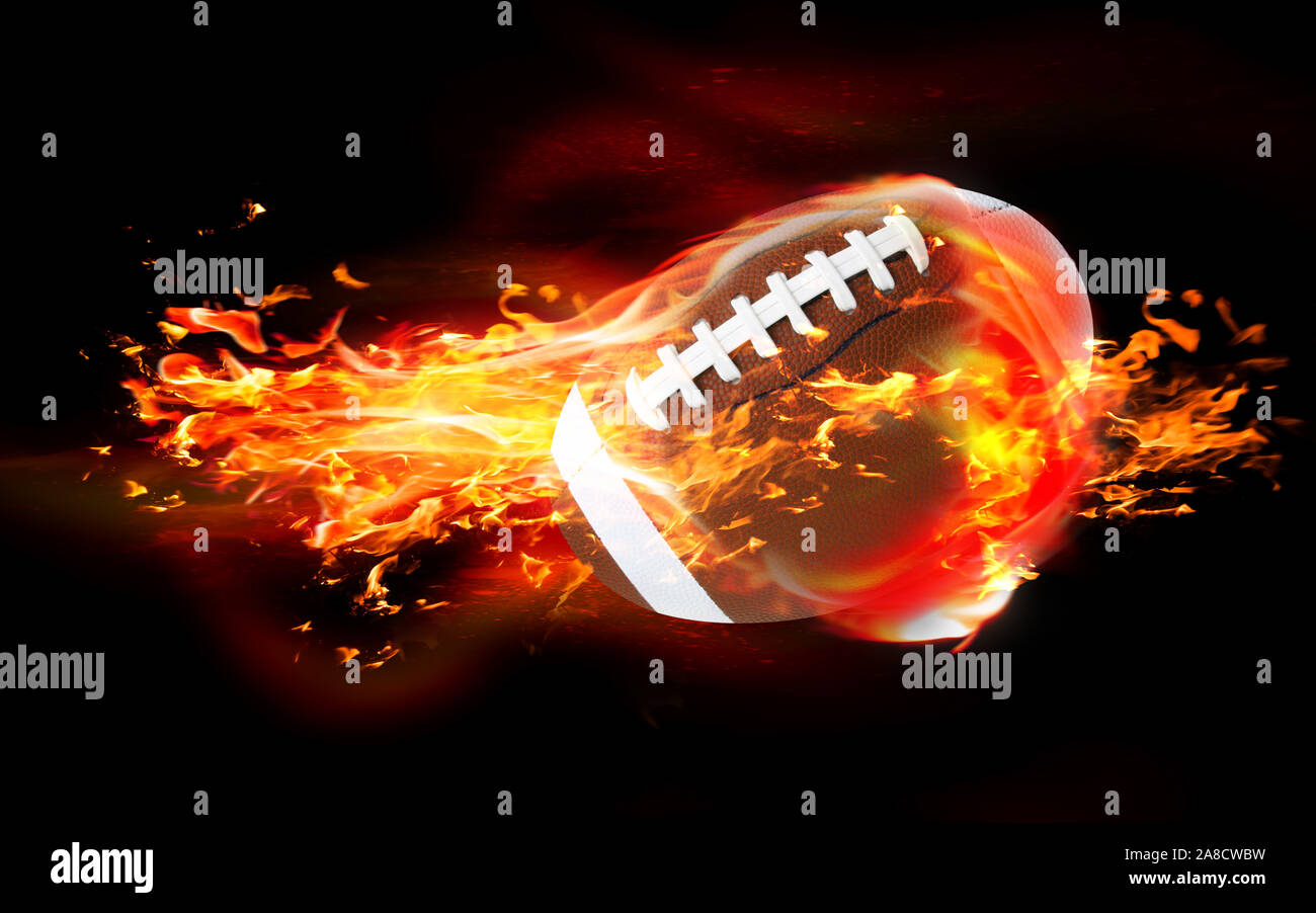 High quality render of 3D rugby ball is burning in flames on black ...
