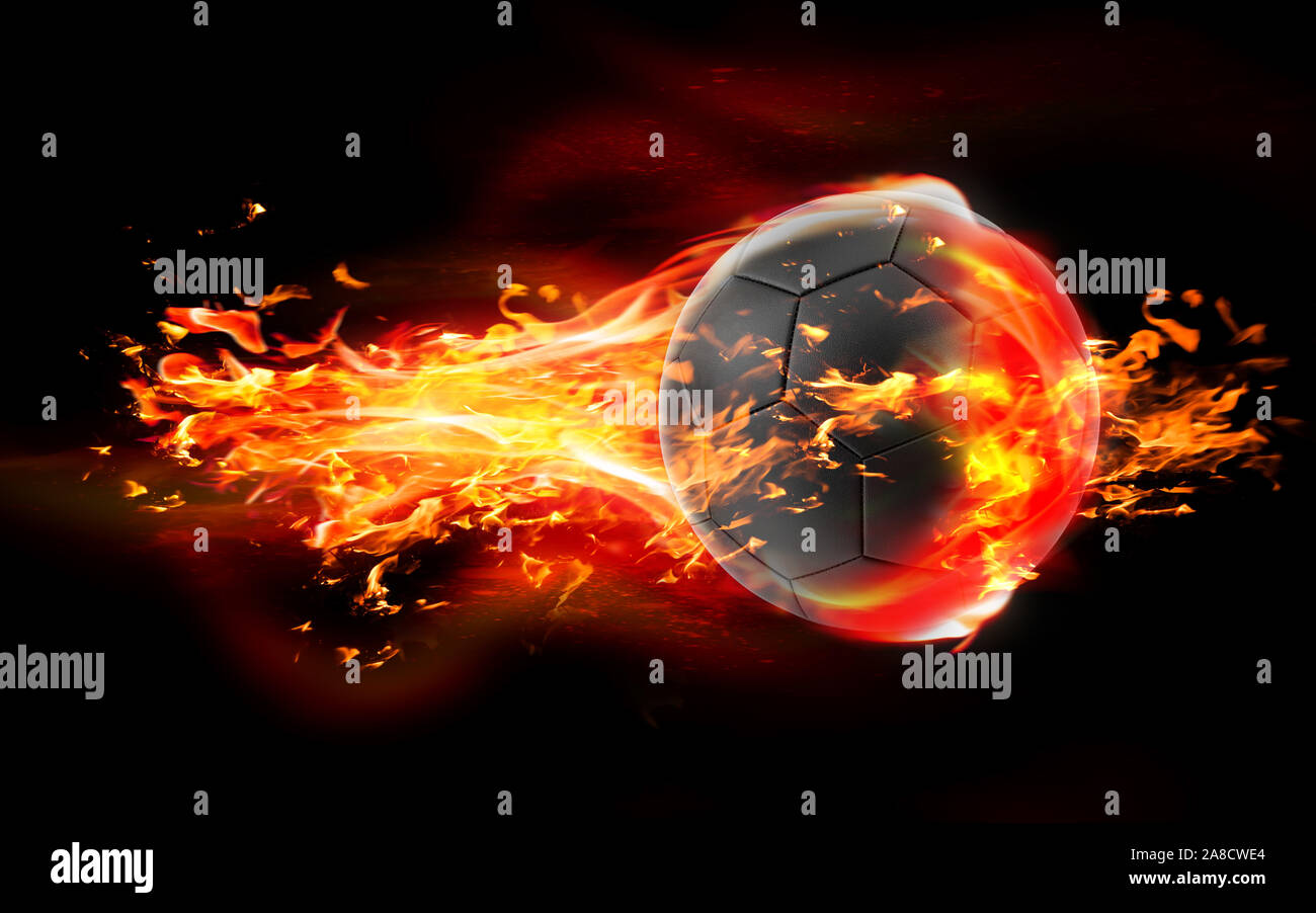 High quality render of 3D soccer ball is burning in flames on black ...