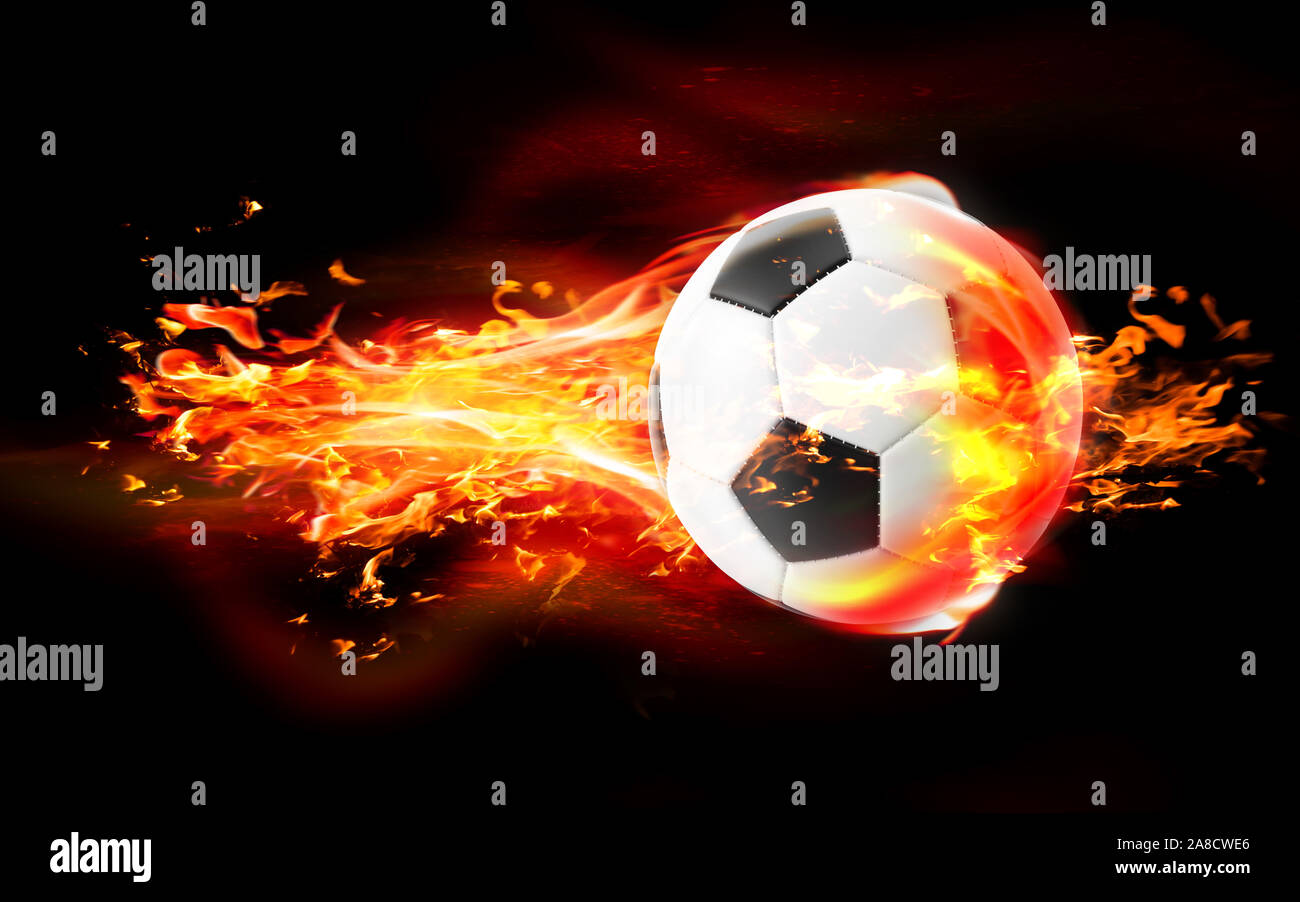 High quality render of 3D soccer ball is burning in flames on black ...