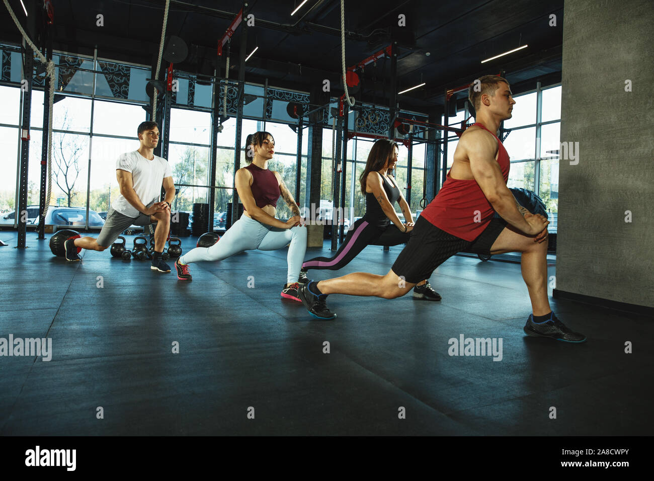 A group of muscular athletes doing workout at the gym. Gymnastics ...