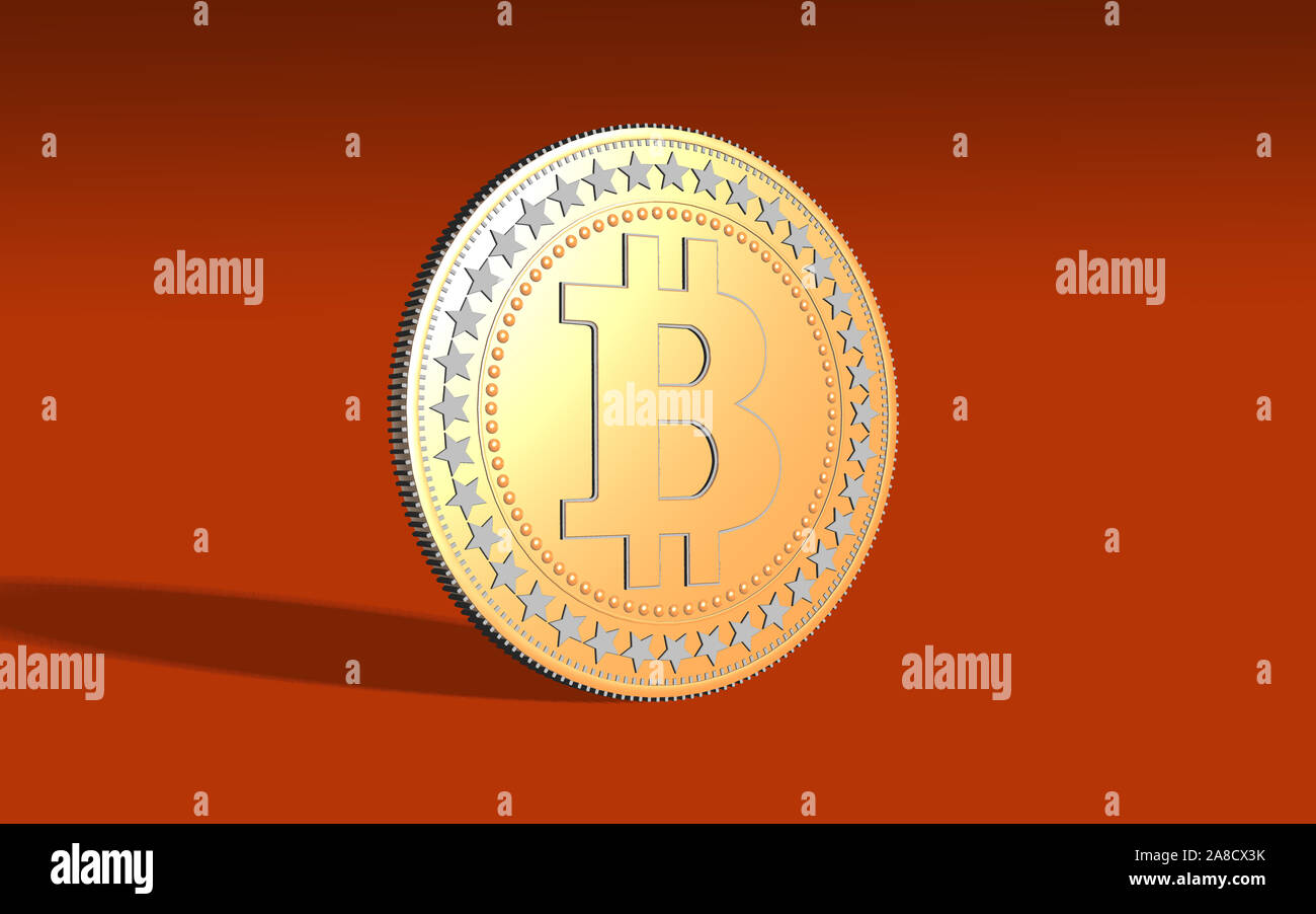 Shiny gold Bitcoin coin is standing in front of orange background. 3D ...