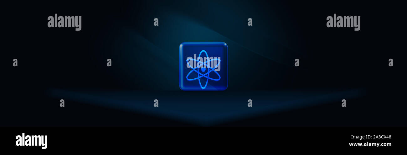 Atomic Whirl symbol in a transparent shiny glass frame on a futuristic ...