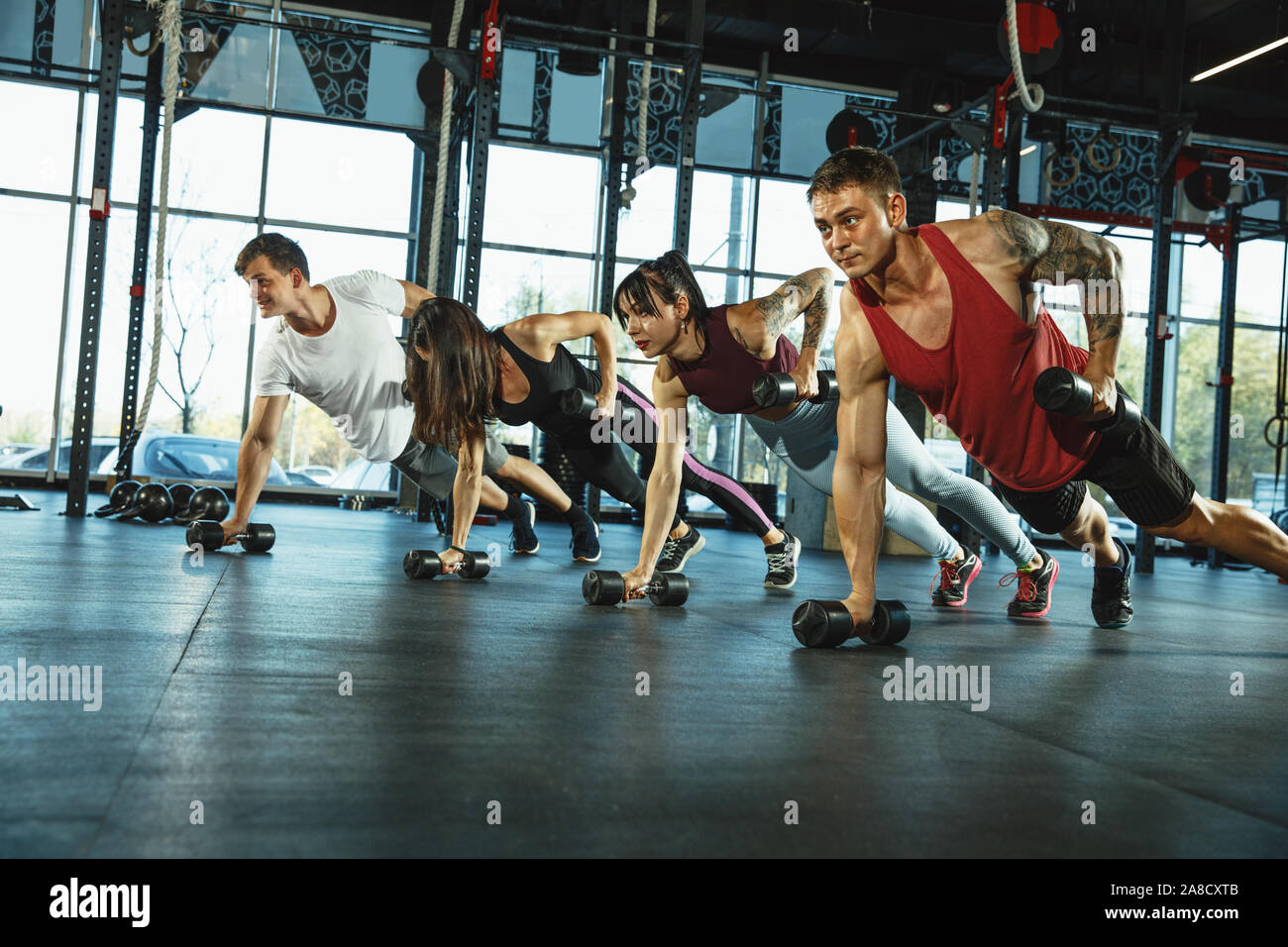 A group of muscular athletes doing workout at the gym. Gymnastics ...
