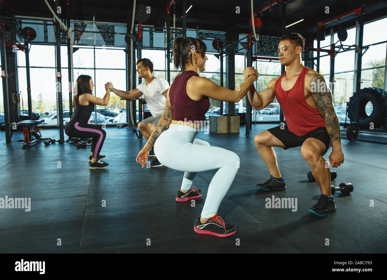 A group of muscular athletes doing workout at the gym. Gymnastics ...