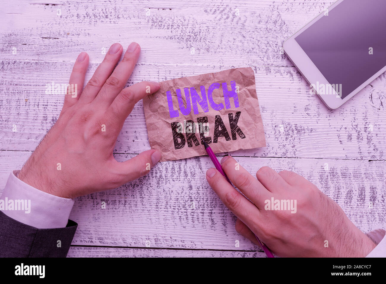 Conceptual hand writing showing Lunch Break. Concept meaning time when ...