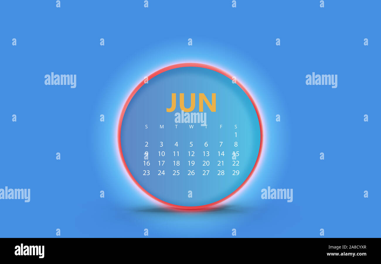 2019 June round and shiny calendar on blue background. High resolution ...
