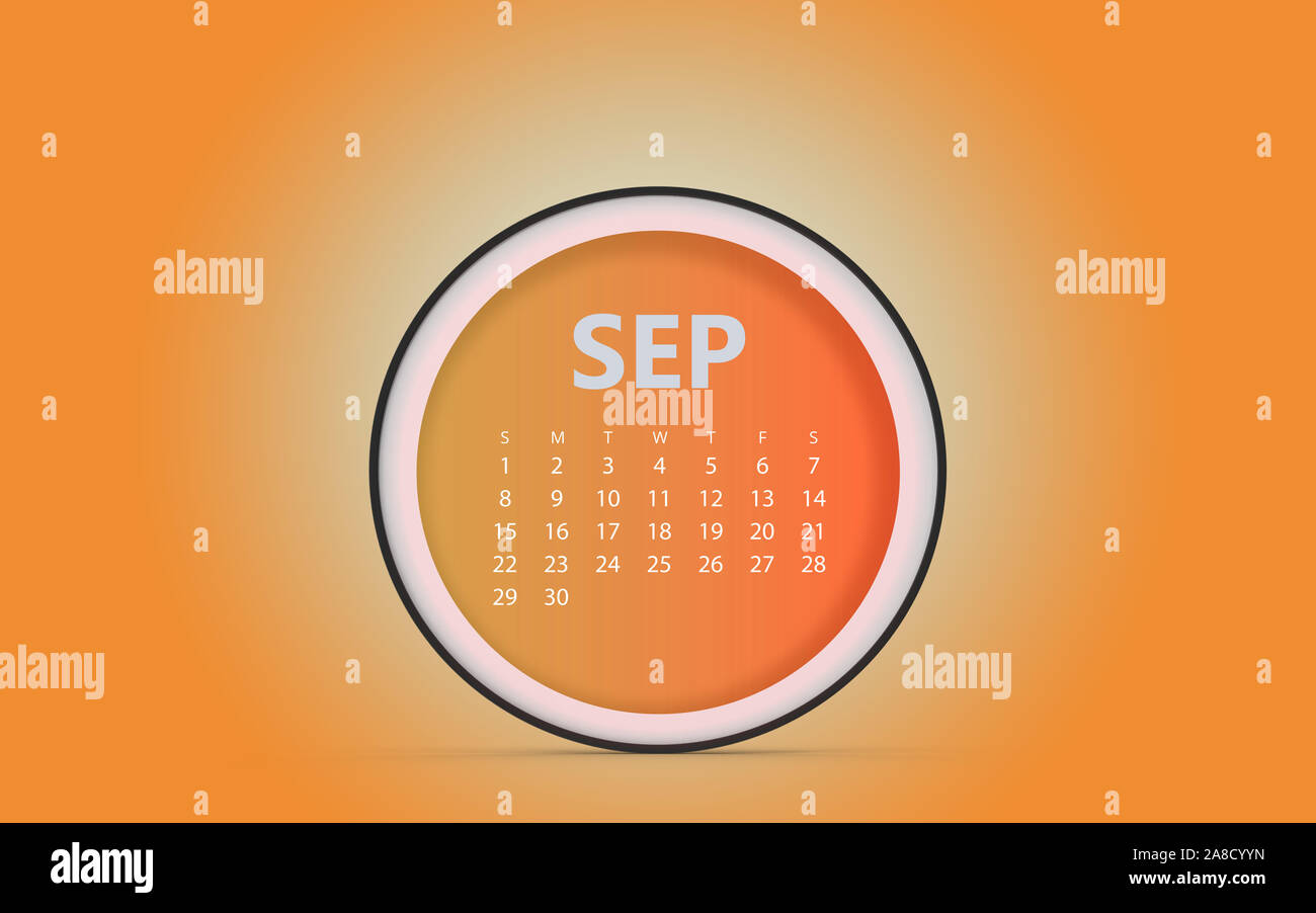 2019 September round and shiny calendar on orange background in white ...