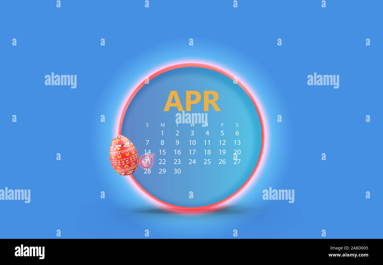 21 April 2019 round and shiny calendar for easter on blue background ...