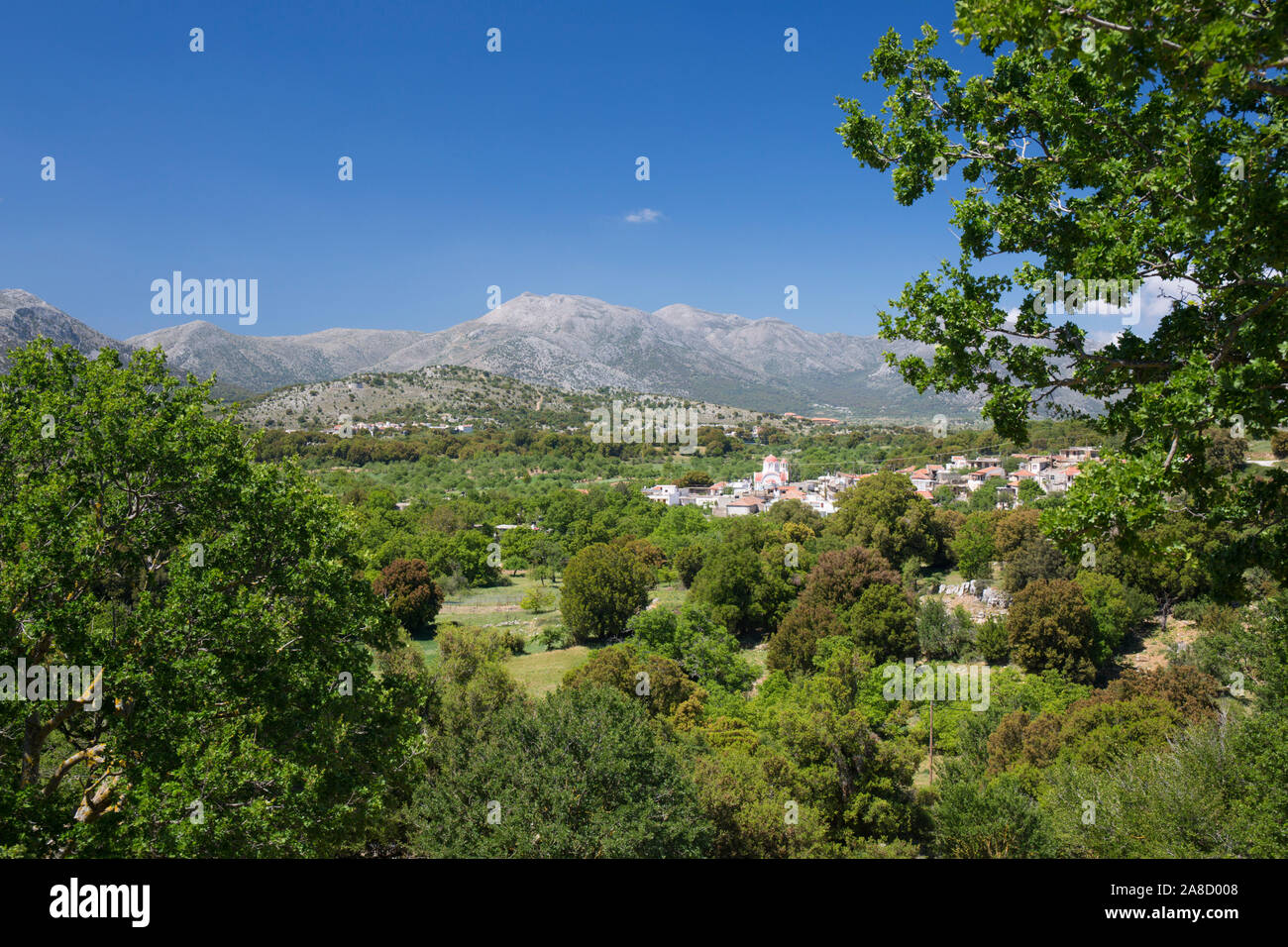 Mesa Lasithi, Lasithi, Crete, Greece. View over the Lasithi Plateau ...