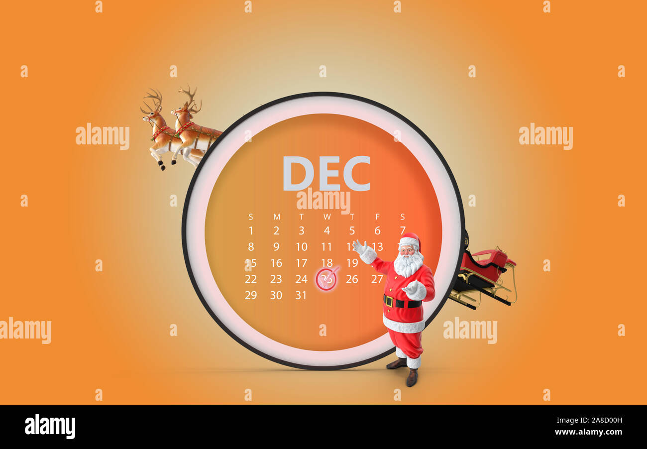25 December 2019 round and shiny calendar for Christmas on orange ...