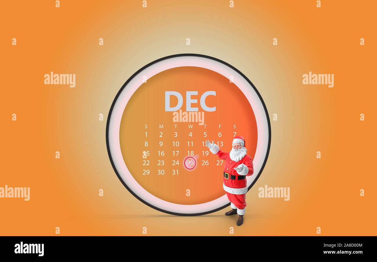 25 December 2019 round and shiny calendar for Christmas on orange ...