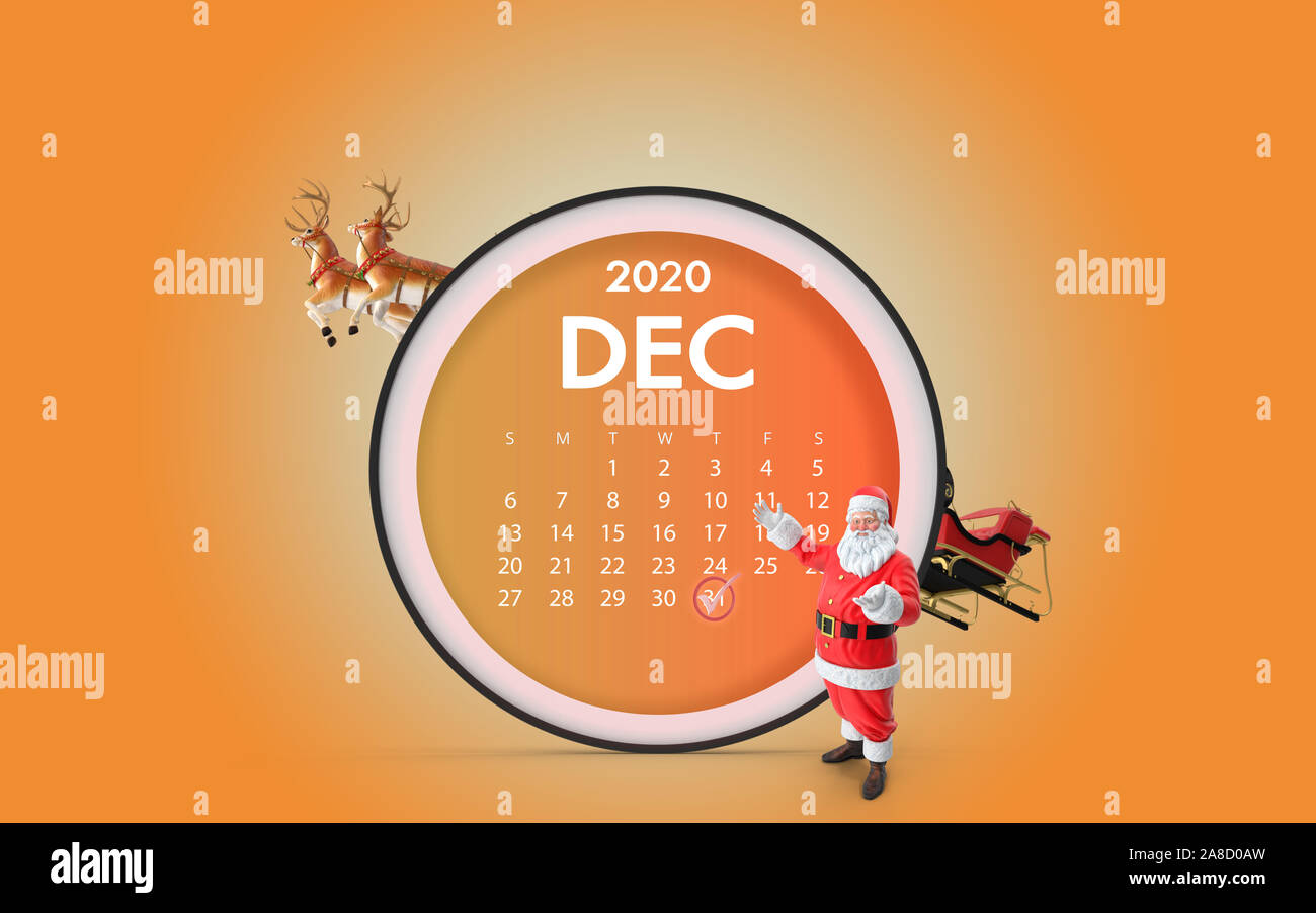 31 December 2020 round and shiny calendar for Christmas on orange ...