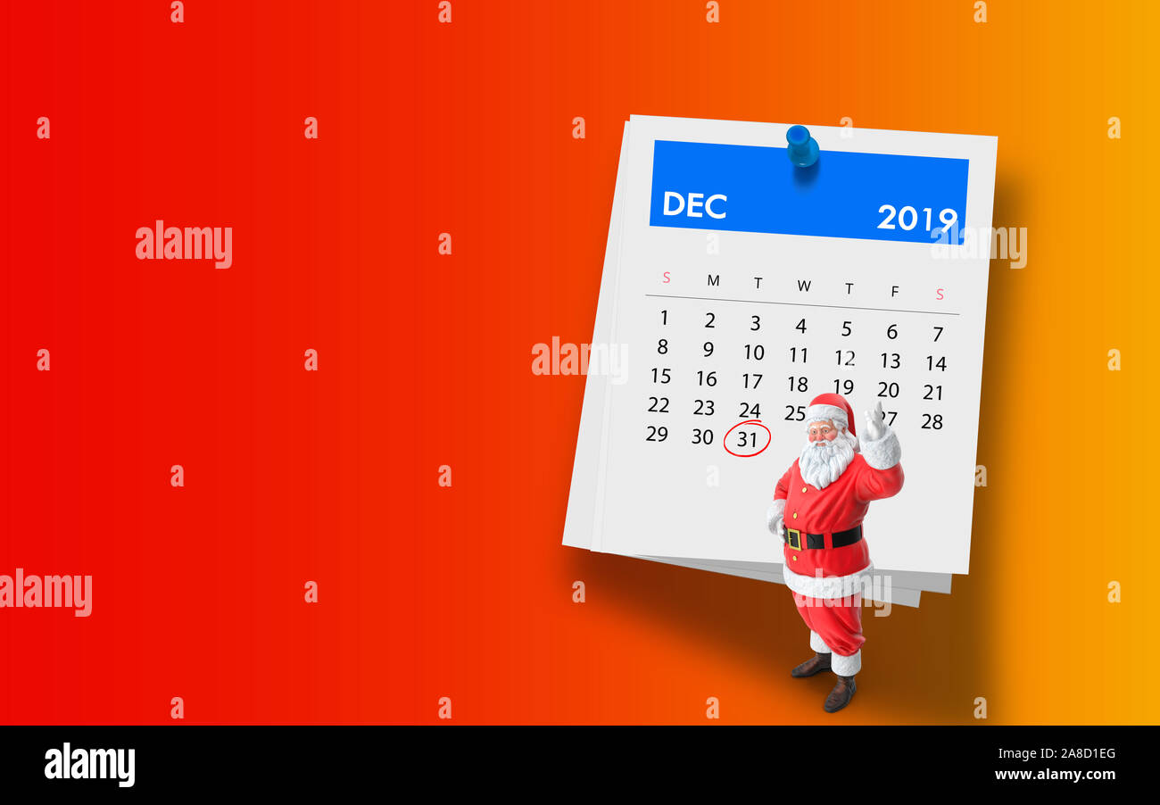 December 31 Christmas 2019 calendar on a white note paper pinned on ...