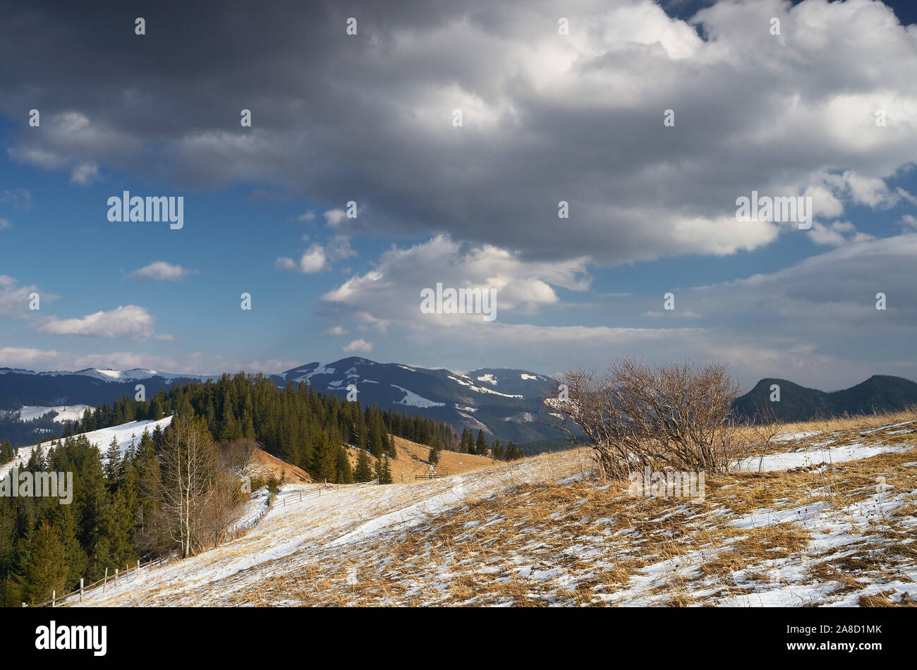 Spring landscape in the countryside. Glade with thawed snow. Beautiful ...