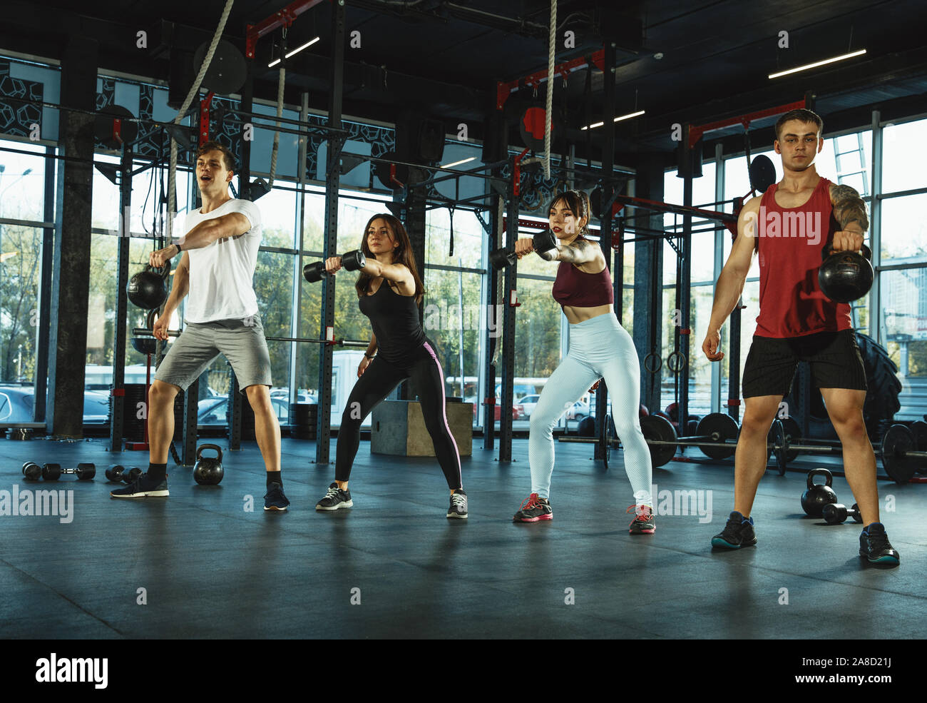 A group of muscular athletes doing workout at the gym. Gymnastics ...