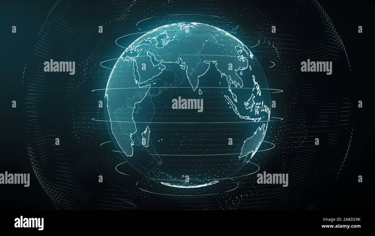 Futuristic Earth Asia skyline. Data network around planet in digital ...
