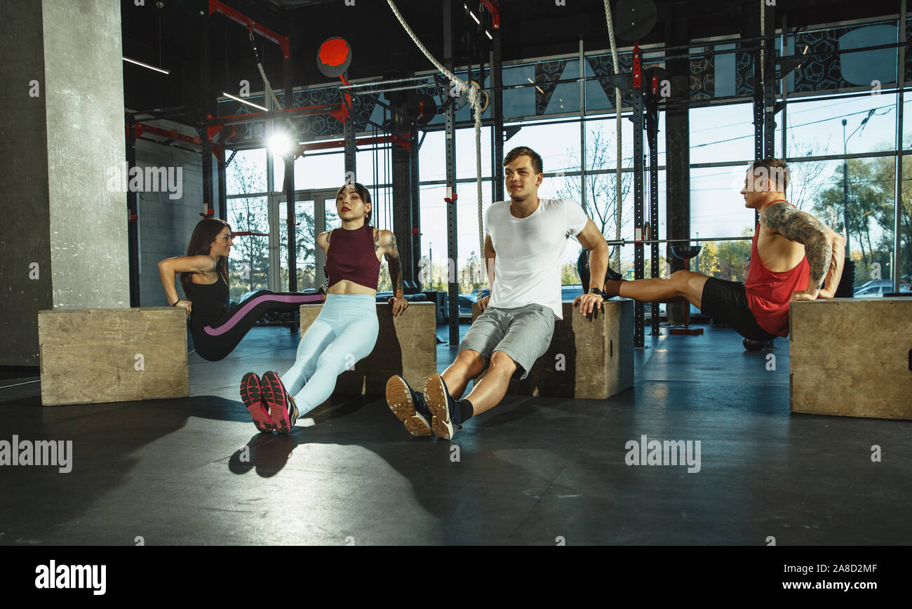 A group of muscular athletes doing workout at the gym. Gymnastics ...