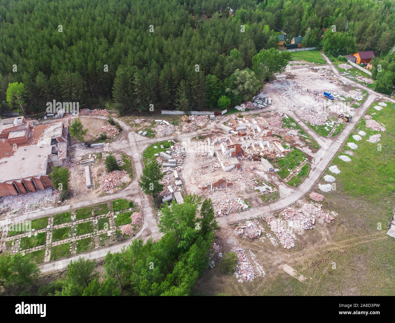 Aerial drone view of old demolished industrial building. Pile of ...