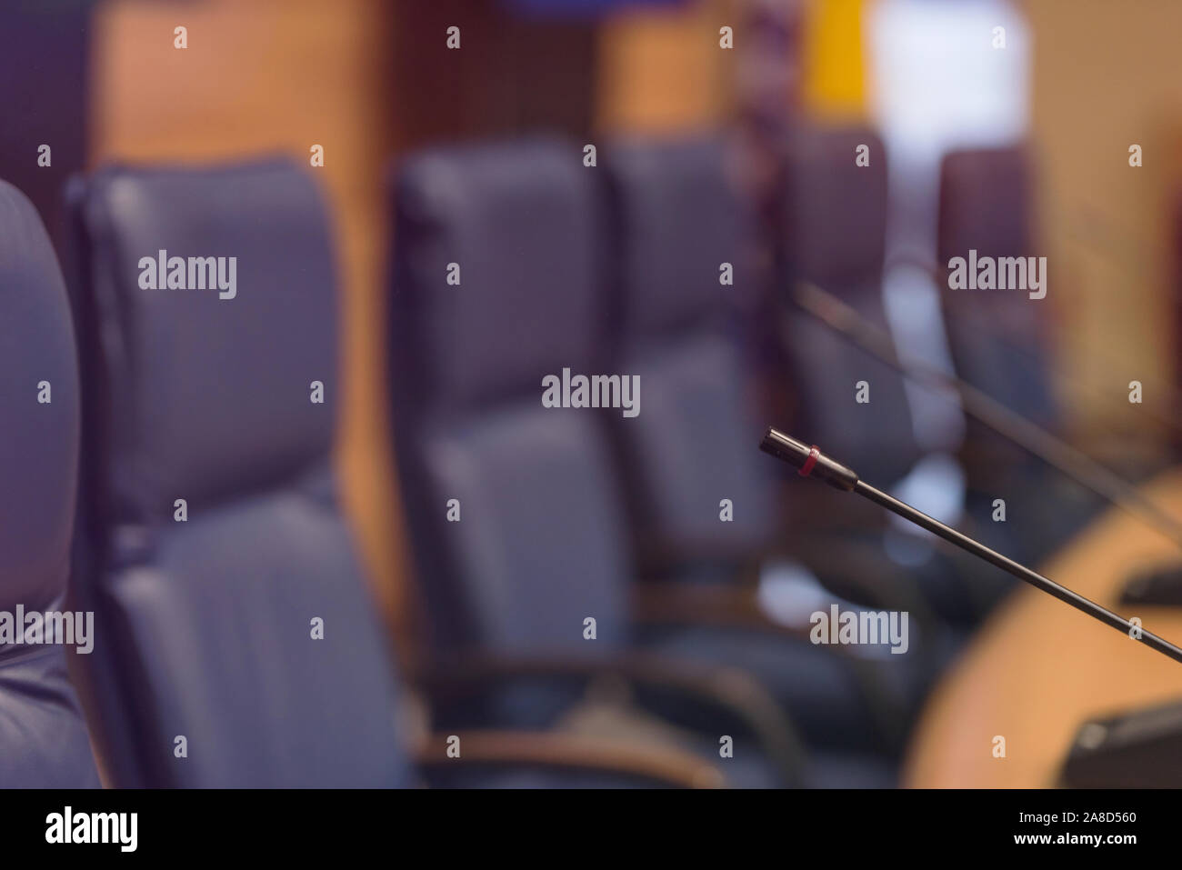 Focus on Microphones in conference room or hall, prepairing for ...