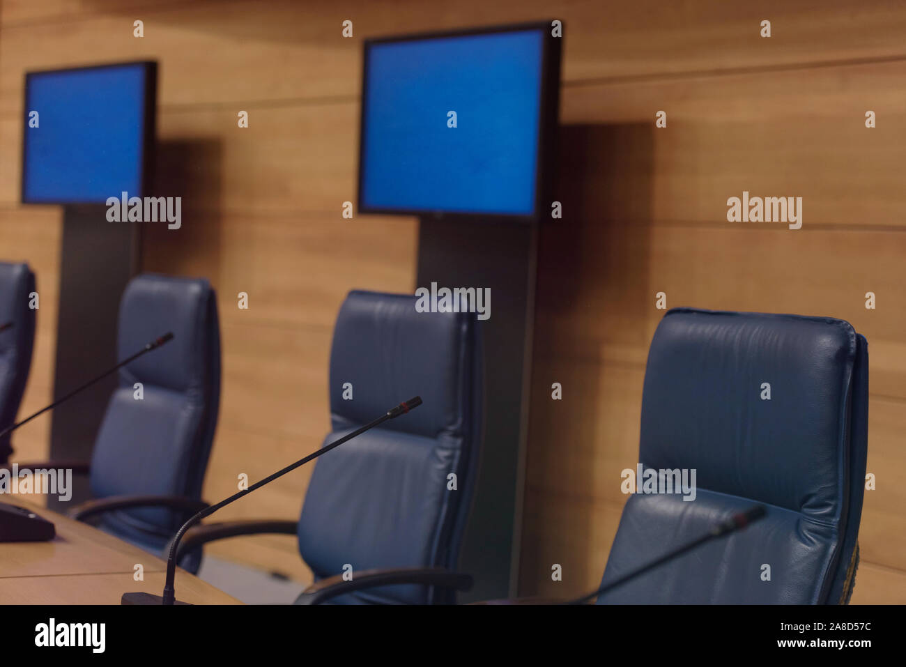 Focus on Microphones in conference room or hall, prepairing for ...