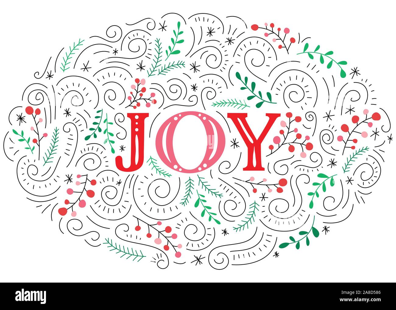 Joy Hand-Drawn Lettering with Naive Doodle Swirls, Winter Holiday ...