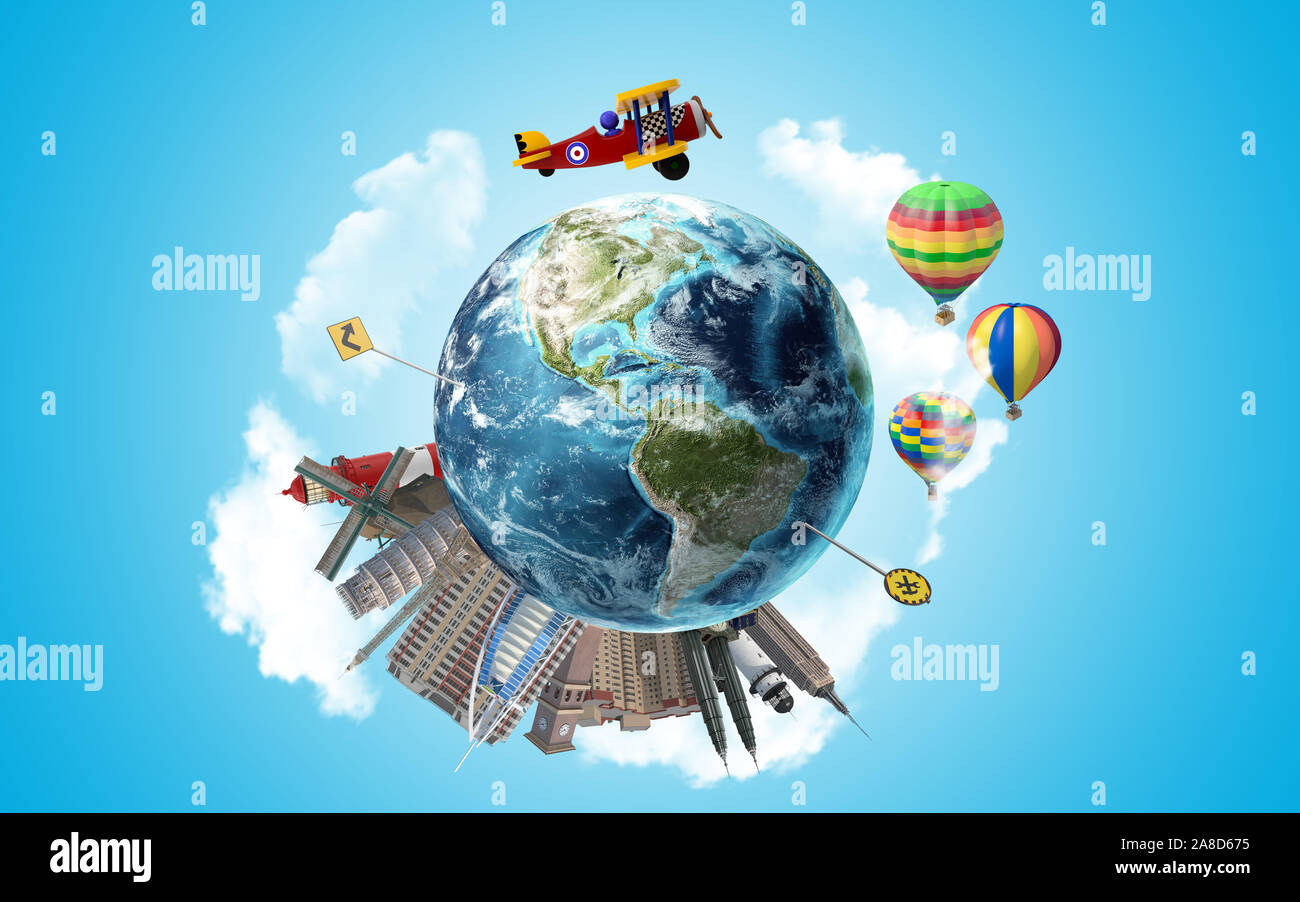 Airplane flying in the sky while 3d render of Earth globe with office ...
