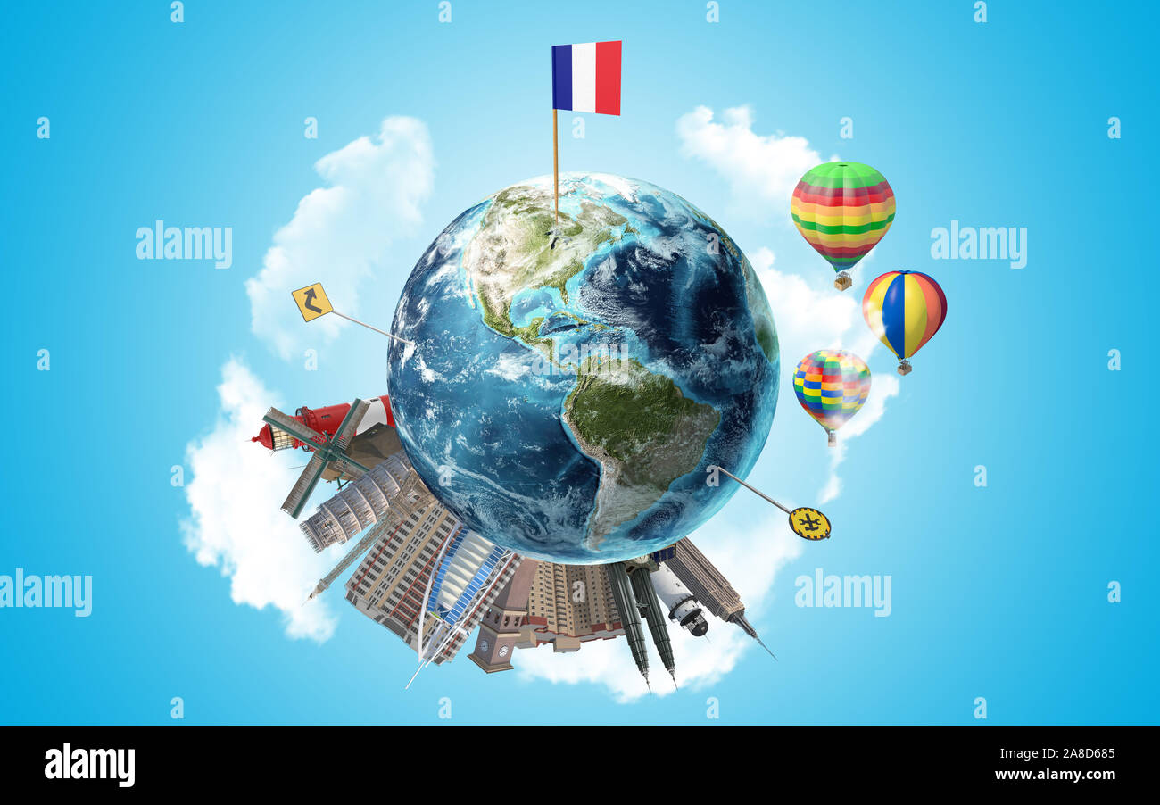 Toothpic French Flag stands on the Globe while 3d render of Earth with ...