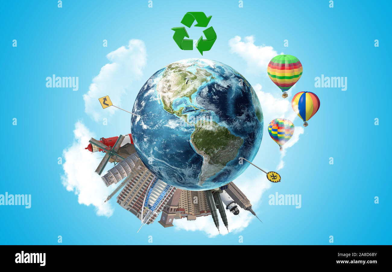 Recycling symbol in the sky while 3d render of Earth globe with office ...