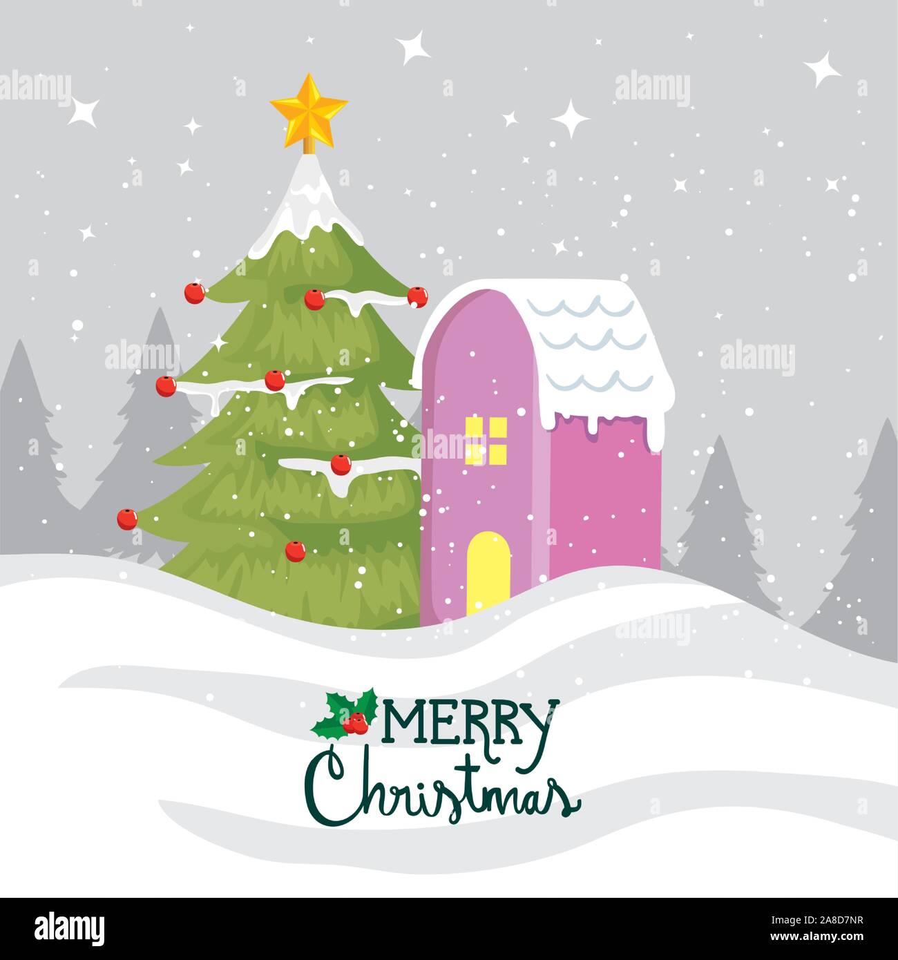 merry christmas poster with pine tree and house facade Stock Vector ...