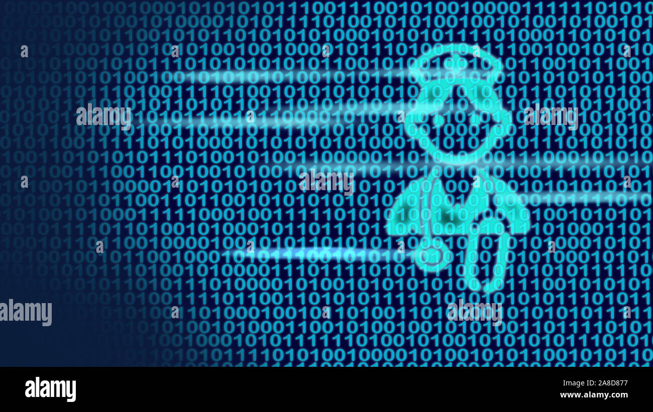 Data screen with ones and zeros including a digital logo standing on a ...