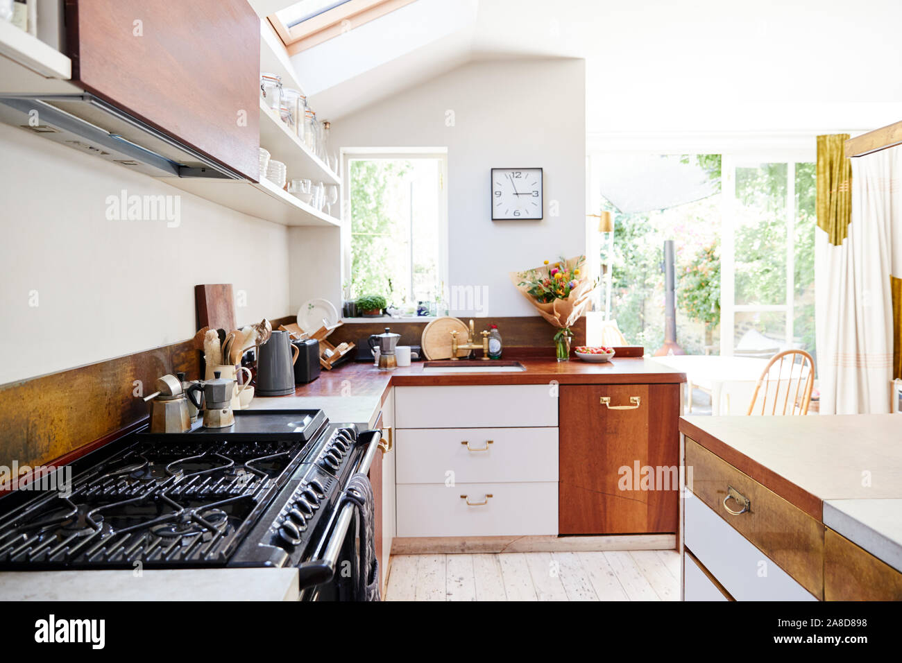 Empty Interior Of Contemporary Kitchen With Cooker And Storage Stock ...