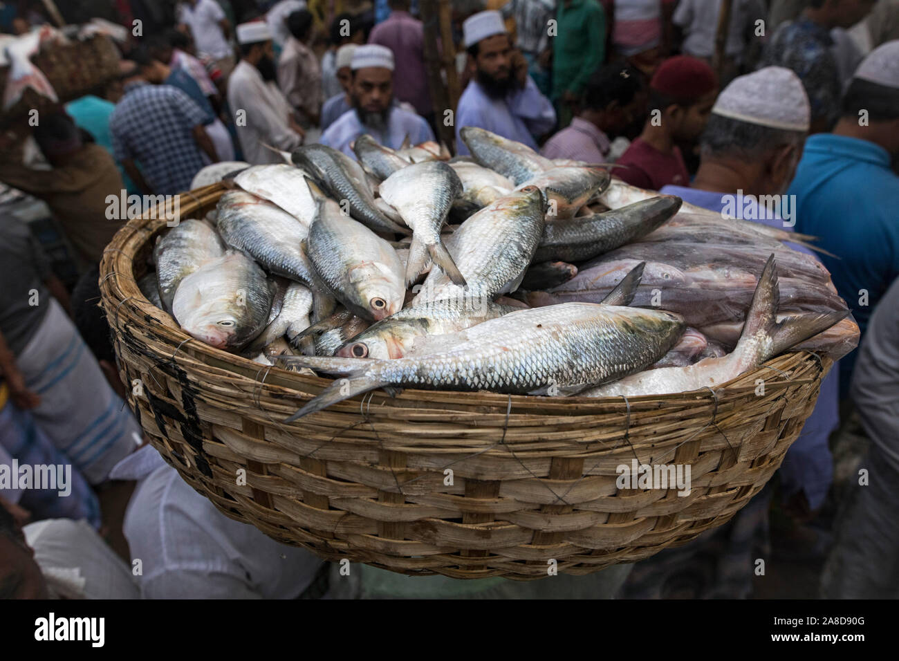 DHAKA, BANGLADESH - NOVEMBER 08 : People trade fish at a market near ...