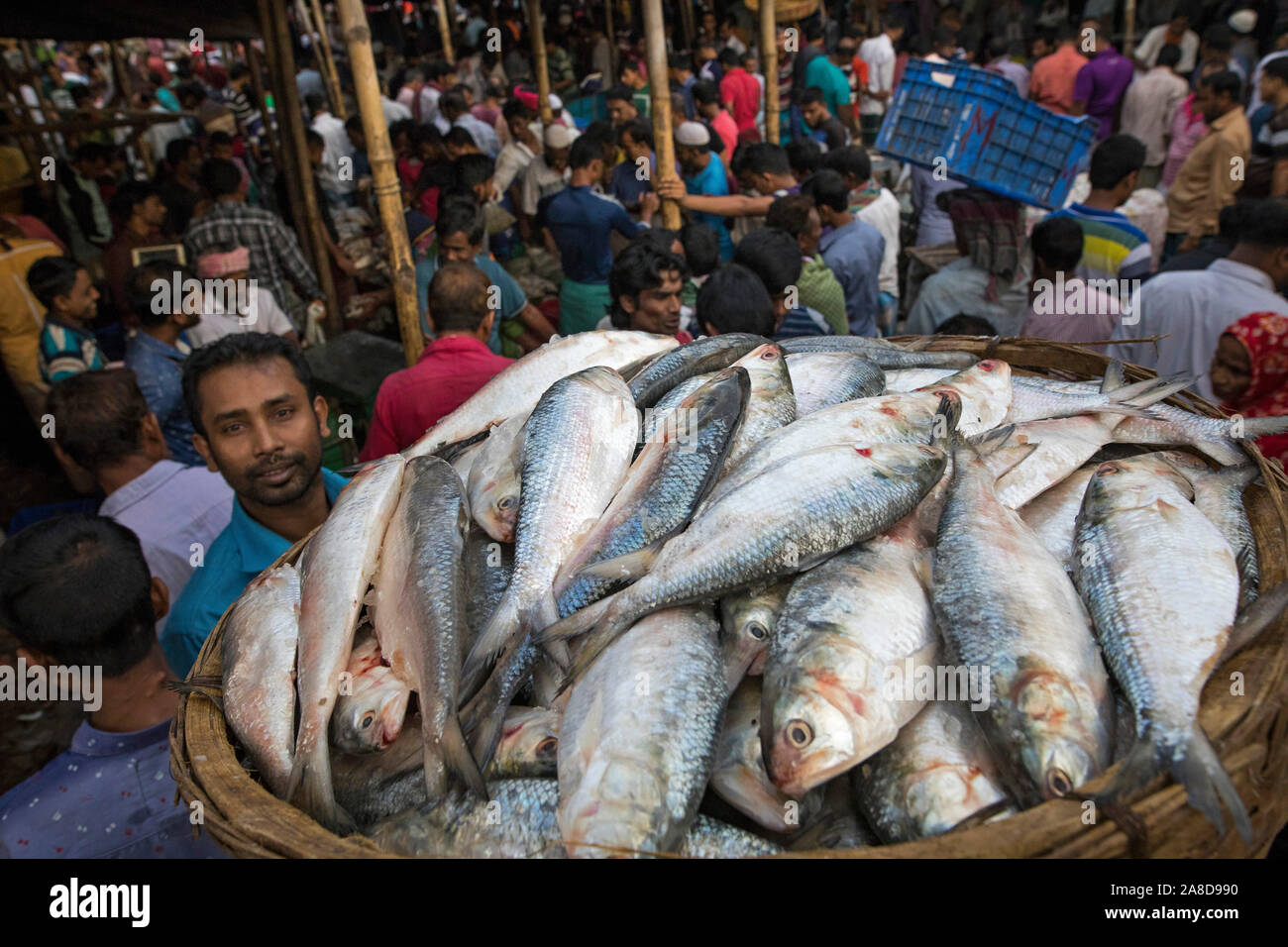 DHAKA, BANGLADESH - NOVEMBER 08 : People trade fish at a market near ...