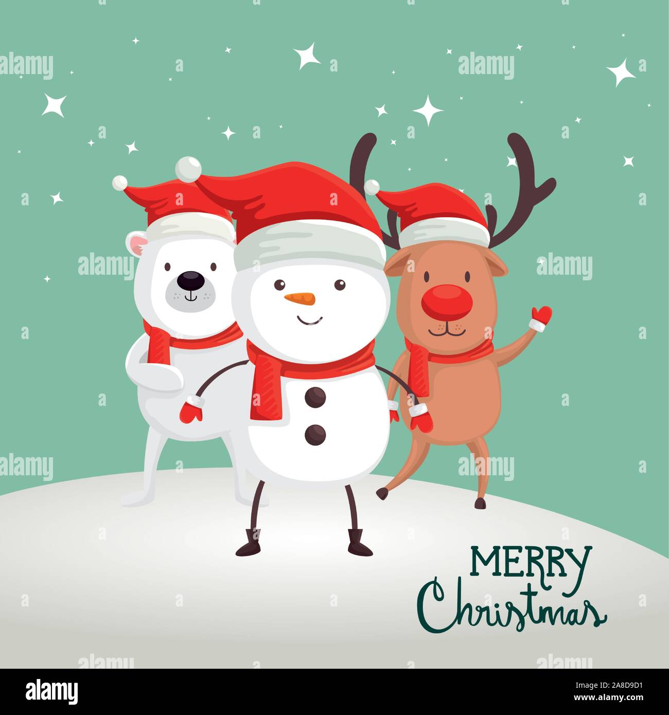 merry christmas poster with snowman and animals Stock Vector Image ...