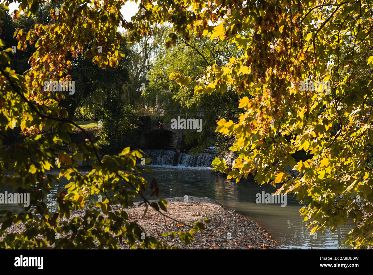 View of the waterfall of the garden in Villa Belvedere in Mirano Italy ...