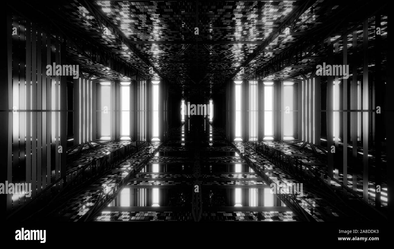 futuristic sci-fi space hangar tunnel corridor with reflective bricks ...