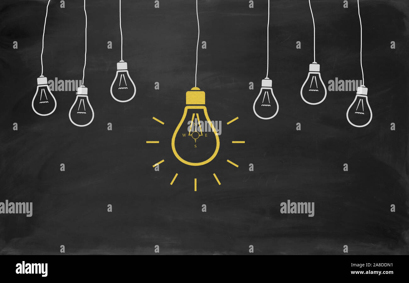 Compass symbol light bulb concept and drawing with chalk on blackboard ...