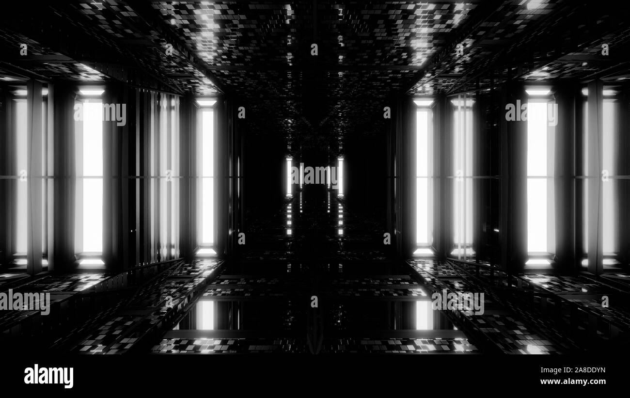 futuristic sci-fi space hangar tunnel corridor with reflective bricks ...