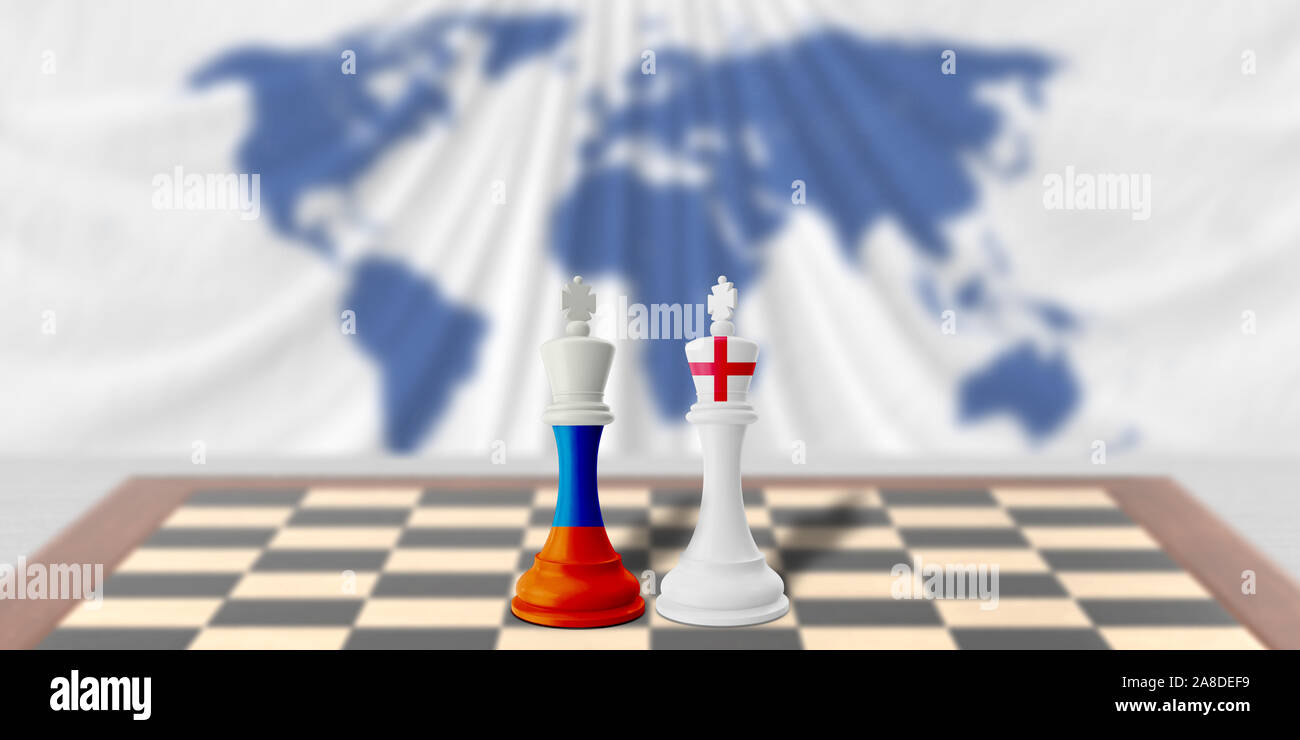 Russian and English chess kings covered with their country flags are ...