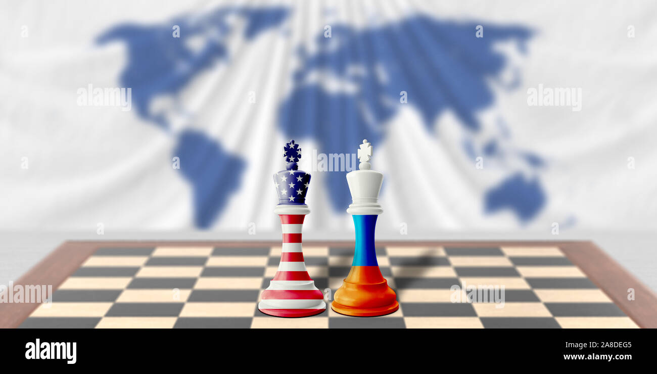 American and Russian chess kings covered with their country flags are ...