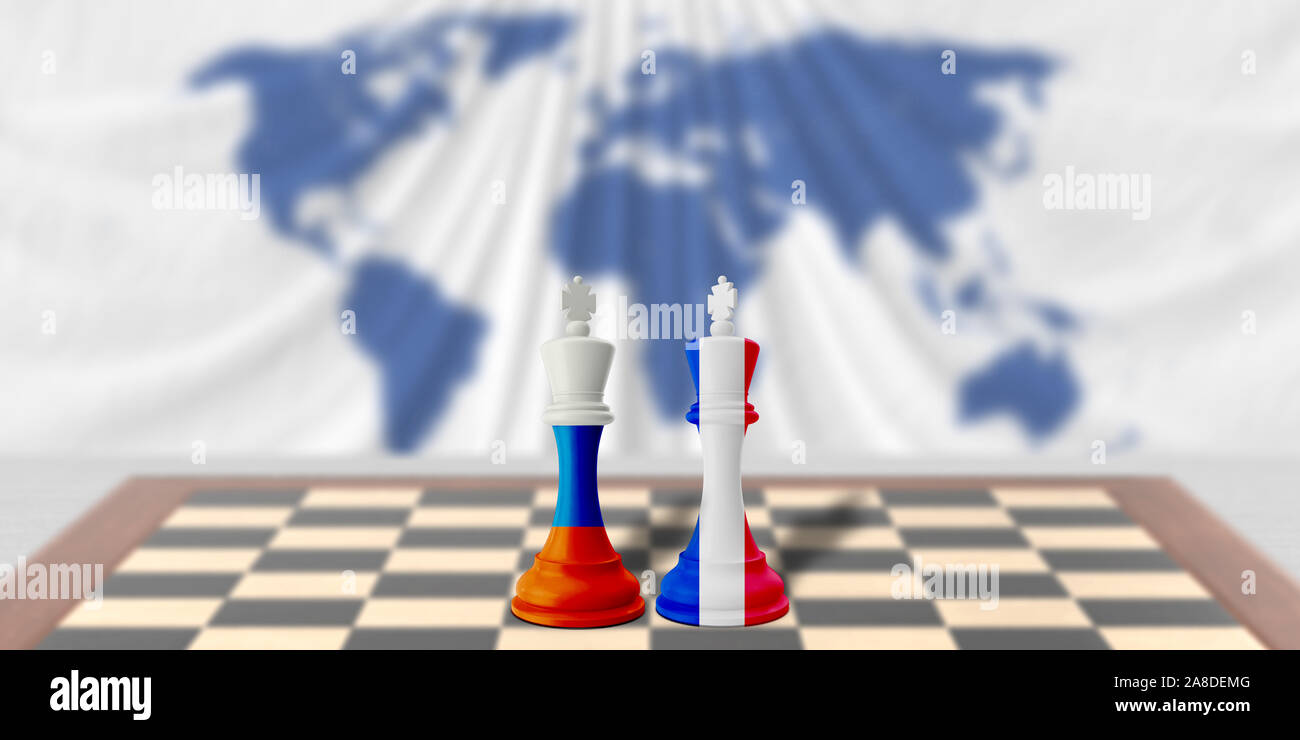 Russian and French chess kings covered with their country flags are ...