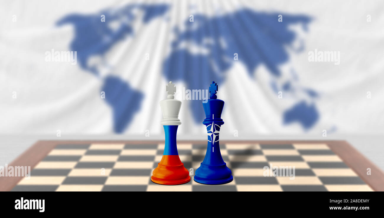 Russian and NATO chess kings covered with their country flags are head ...