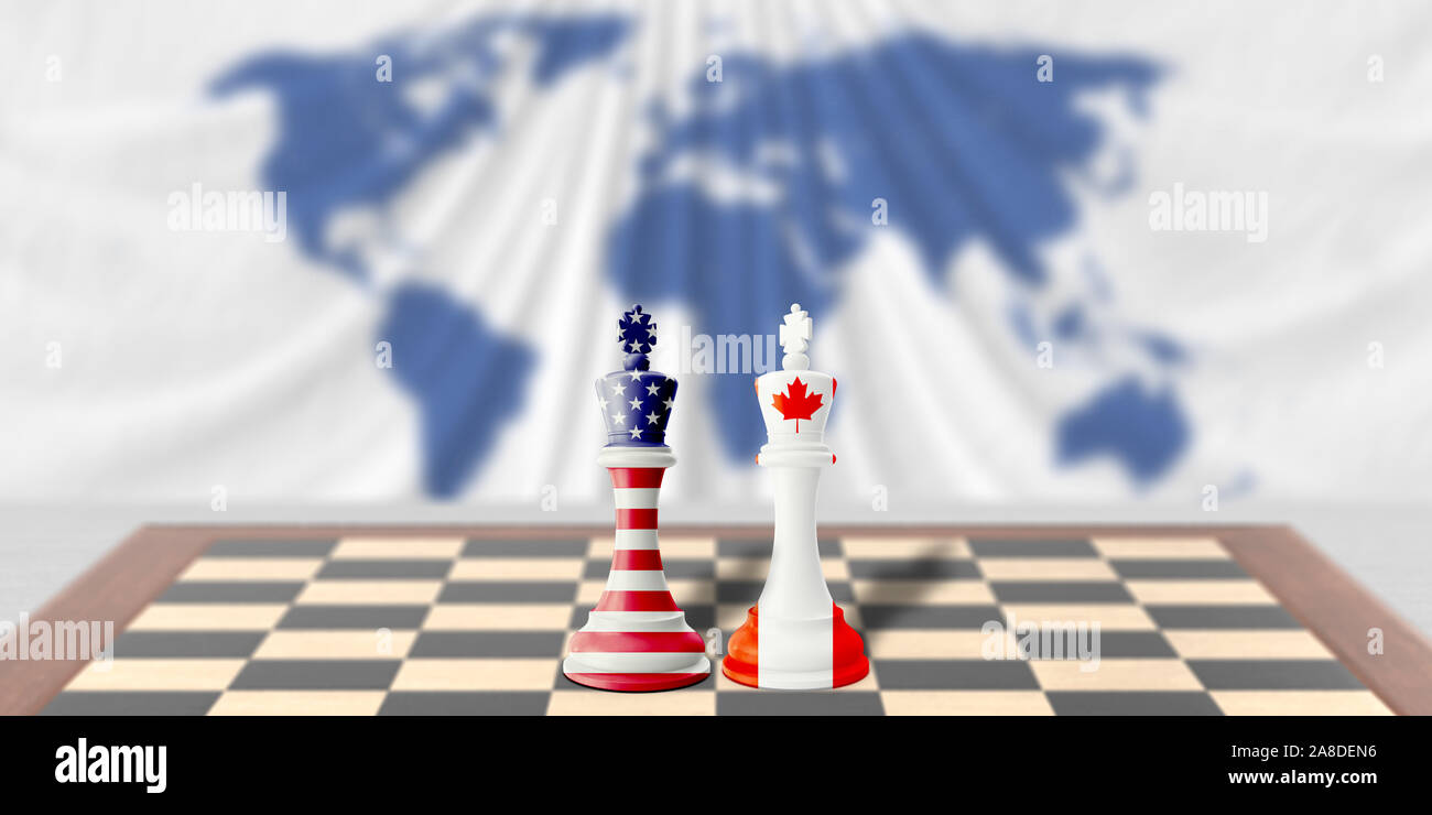 American and Canadian chess kings covered with their country flags are ...