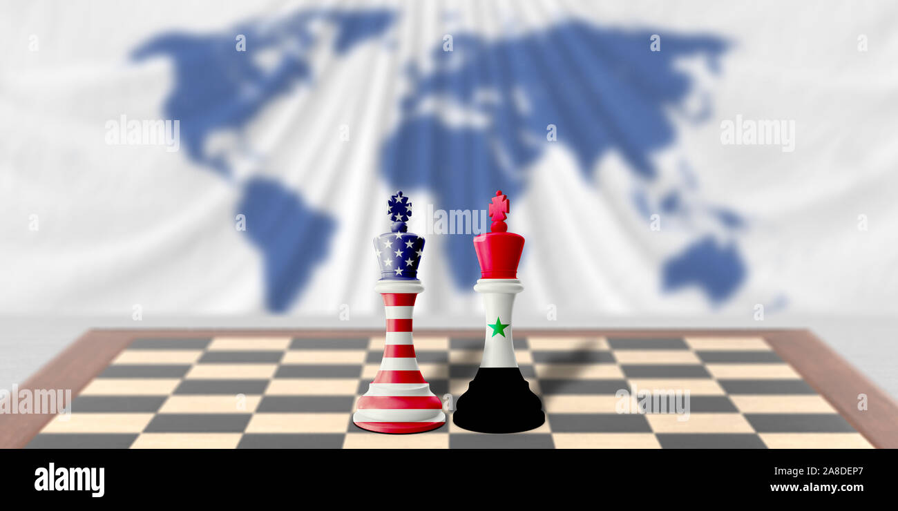 American and Syrian chess kings covered with their country flags are ...
