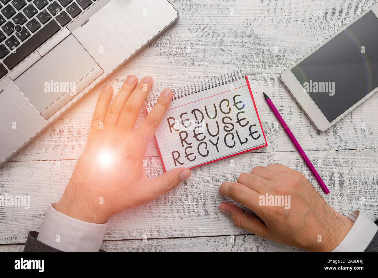 Writing note showing Reduce Reuse Recycle. Business concept for ...